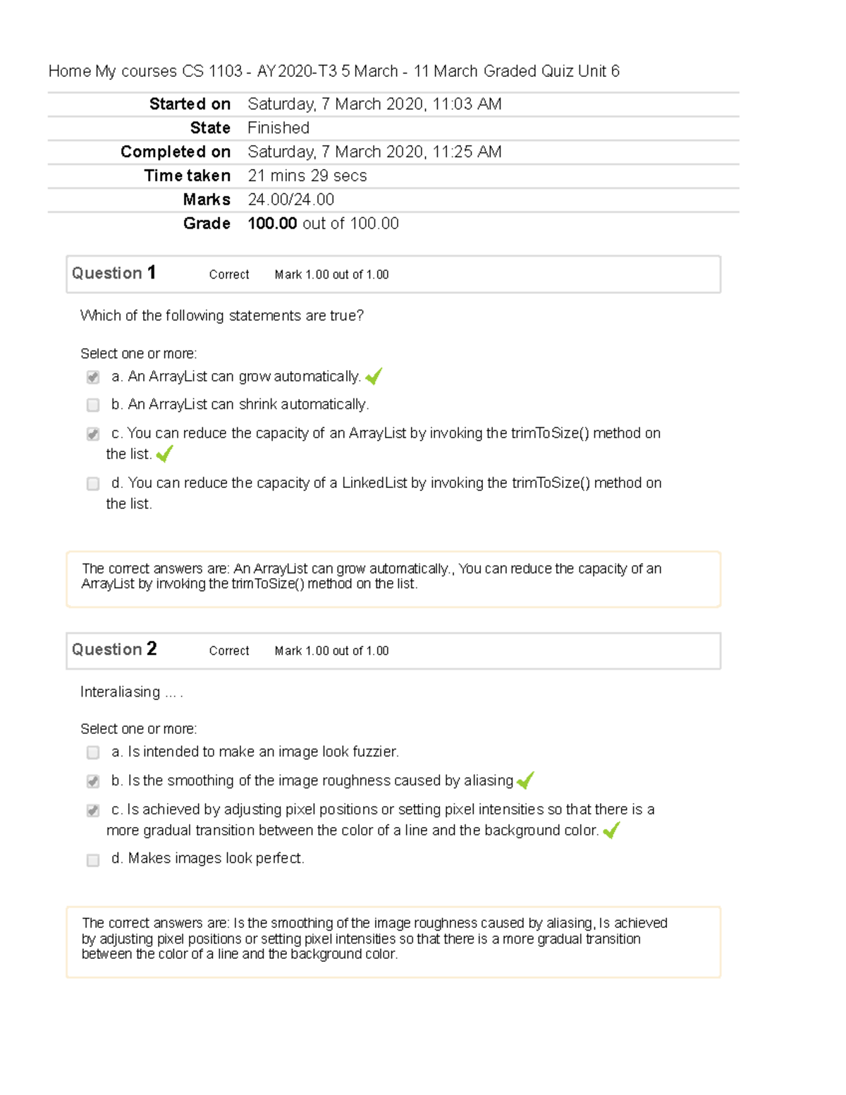 CS 1103 AY2020 T3 Graded Quiz Unit 6 Attempt review - Started on Saturday, 7 March 2020, 11:03 ...
