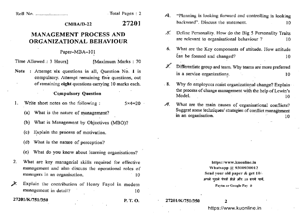 Mba 1 sem management process and organizational behaviour 27201 dec ...
