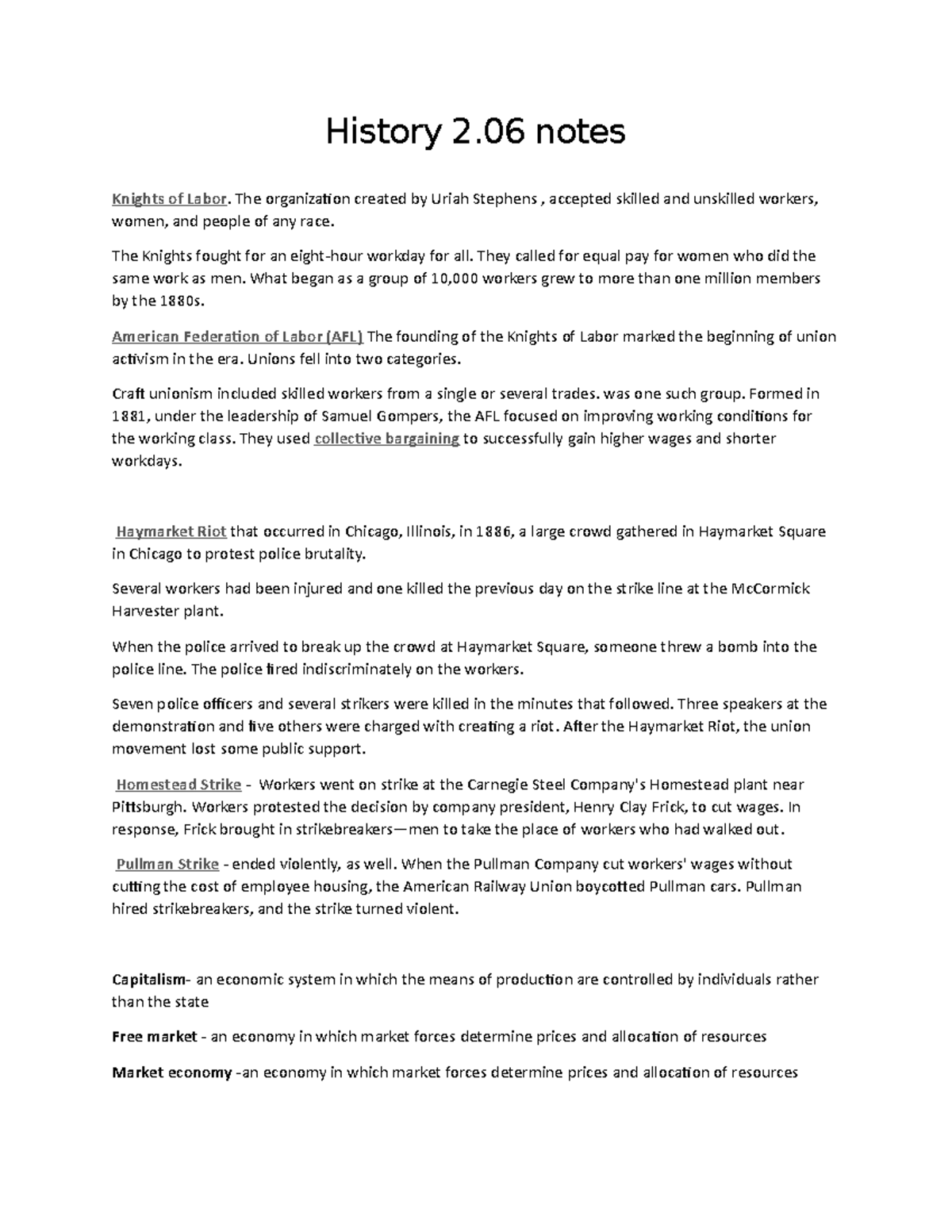 2.06 U.s History notes - History 2 notes Knights of Labor. The ...