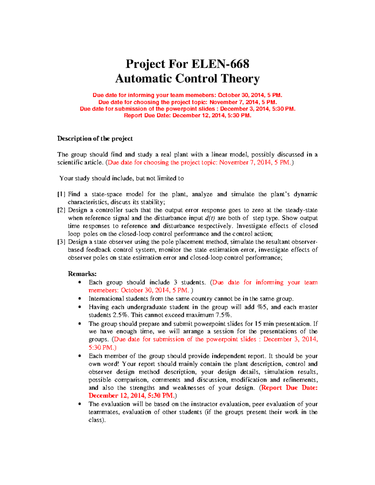 Project Description - Project For ELEN- Automatic Control Theory Due ...