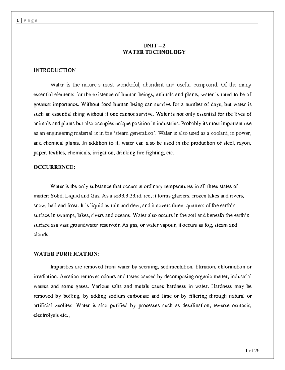 U-2 Water - unit 2 - 1 | P a g e 1 of 26 UNIT – 2 WATER TECHNOLOGY ...