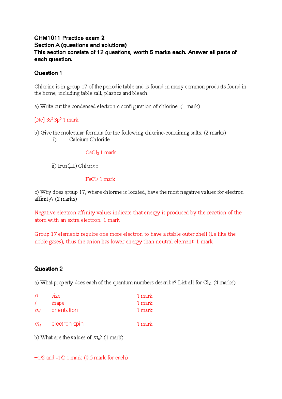 CHM1011 Practice exam 2 SAQ answers - CHM1011 Practice exam 2 Section A (questions and solutions ...