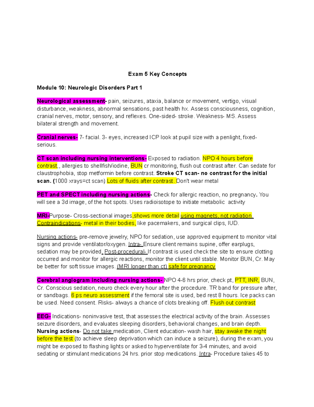 Exam 5 Key Concepts - Exam 5 Key Concepts Module 10: Neurologic ...