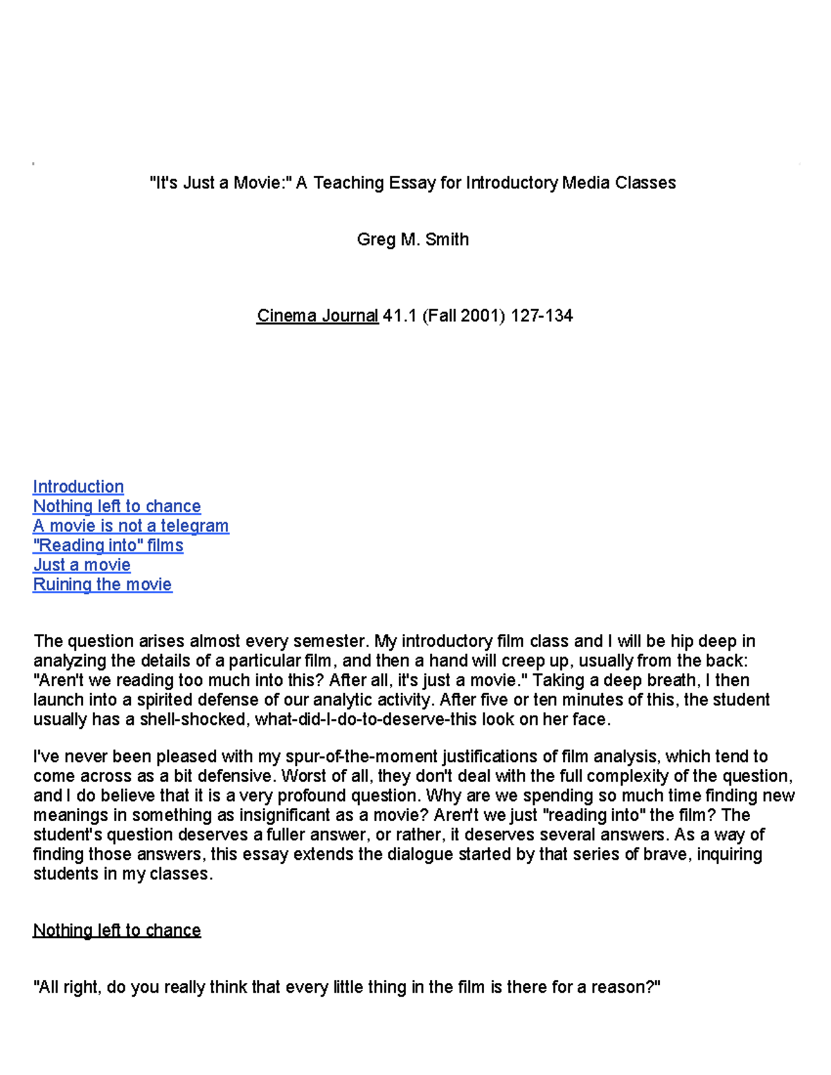 Film Art - Chapter 1 - "It's Just a Movie:" A Teaching Essay for ...