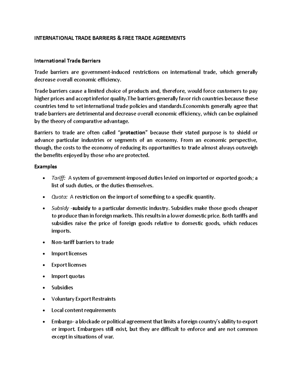 International Trade Barriers ; FREE Trade Agreements - INTERNATIONAL ...