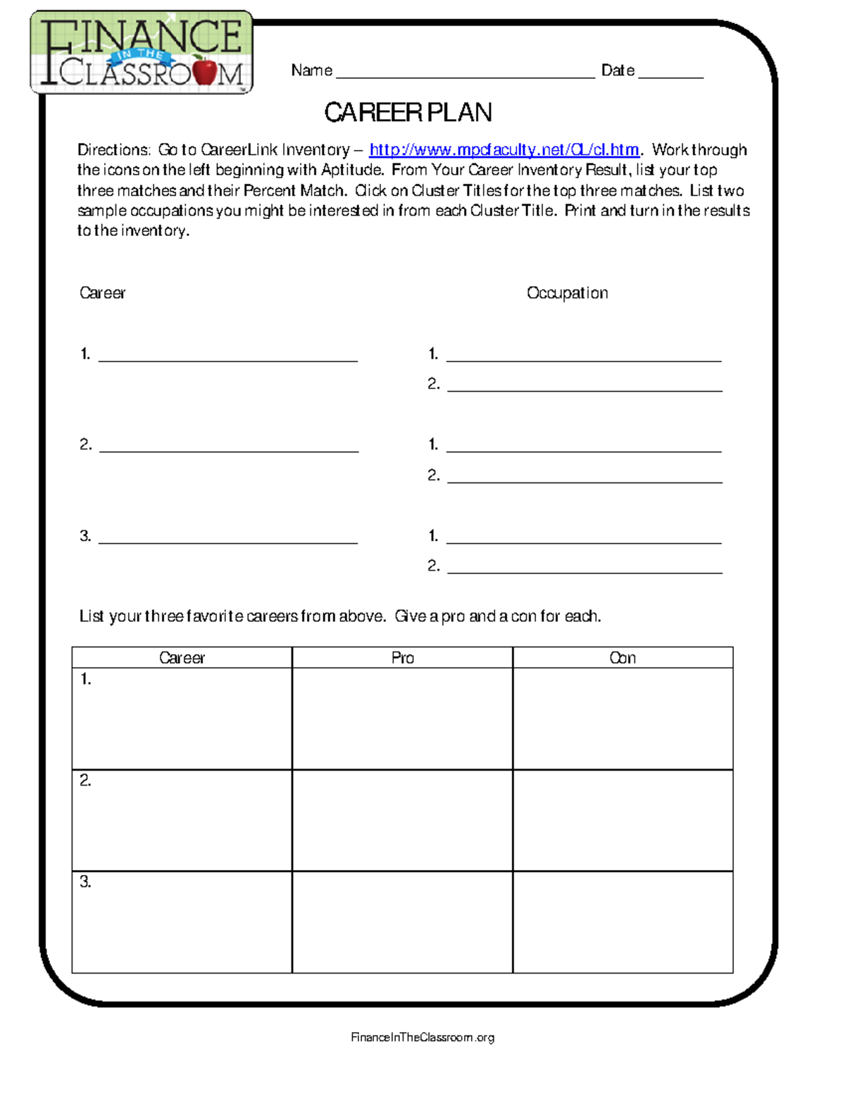 Career Plan - FinanceInTheClassroom Name ...