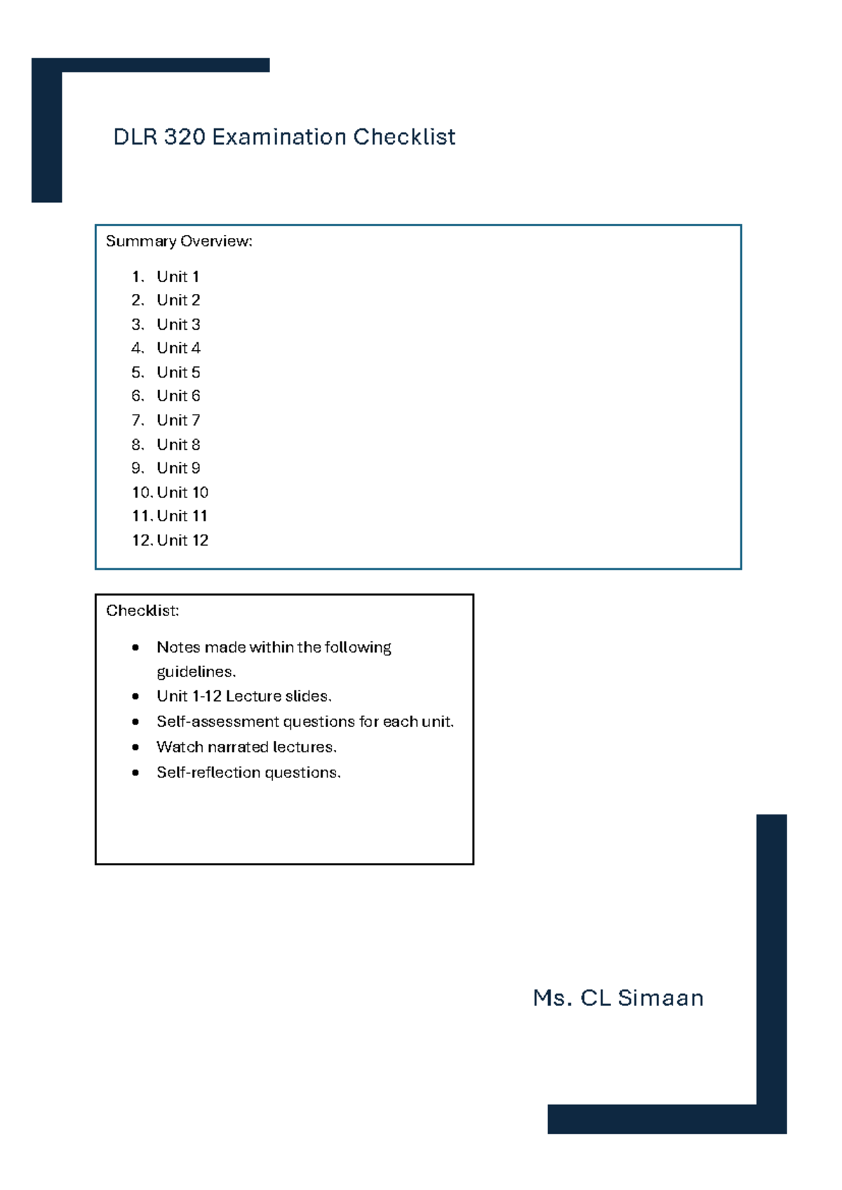 Examination checklist - DLR 320 - UP - Studocu