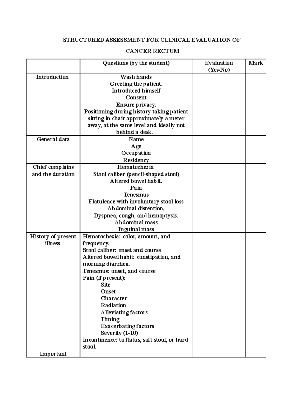 Checklist cancer rectum - STRUCTURED ASSESSMENT FOR CLINICAL EVALUATION ...