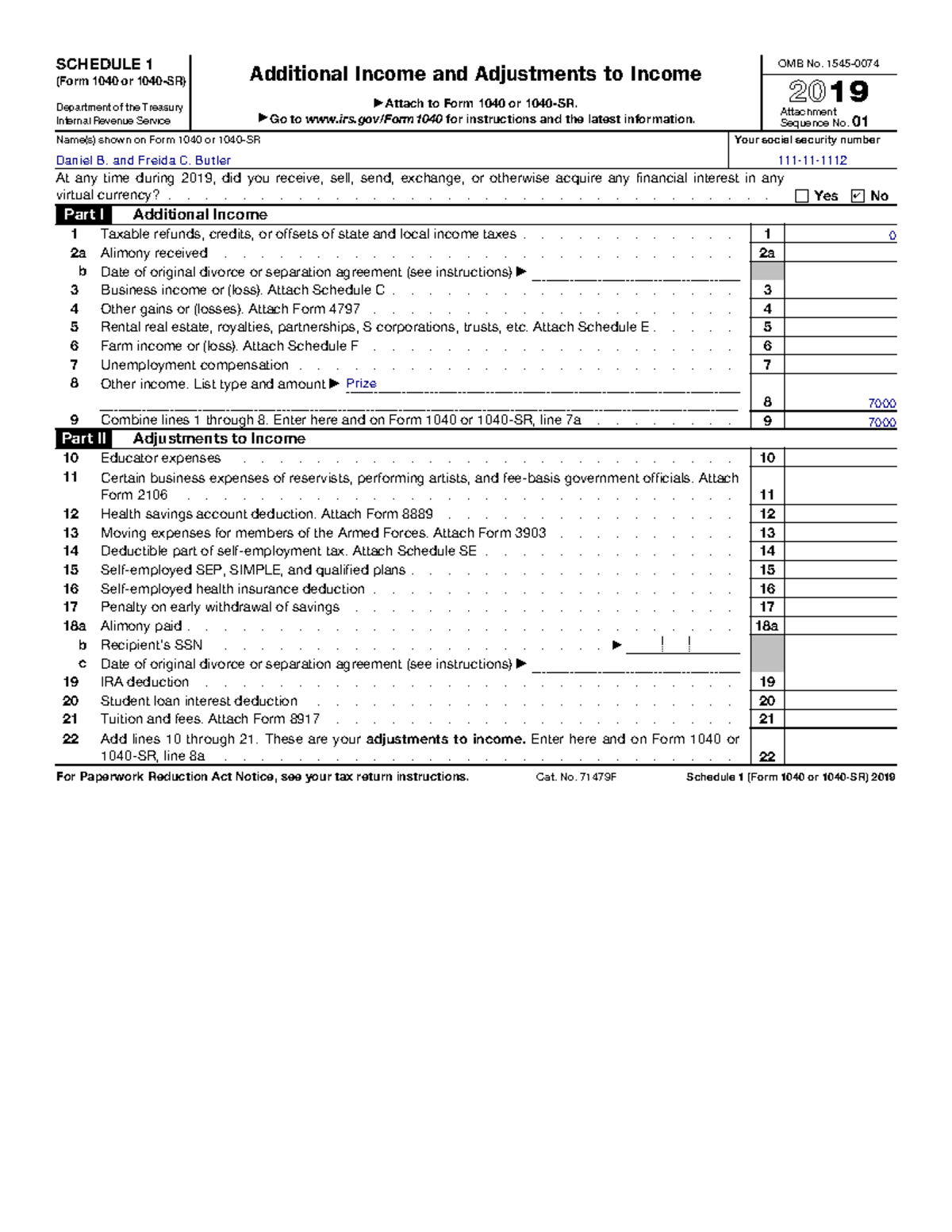 IRS 1040 Schedule 1 Mr. & Mrs. Butler 2019 - SCHEDULE 1 (Form 1040 or ...