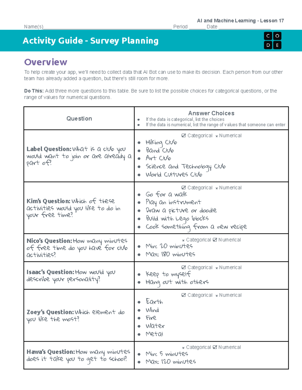 U7L17 - Activity Guide - Survey Planning - AI and Machine Learning - Lesson 17 - Studocu