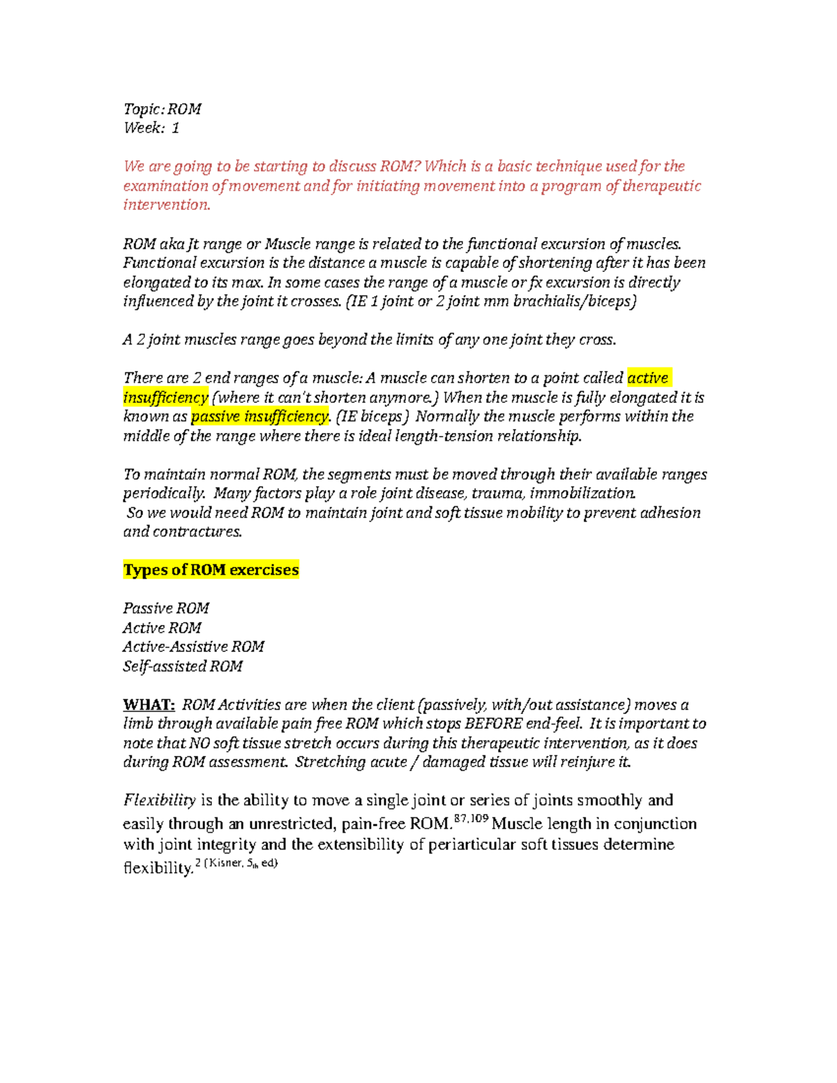 Wk 1 Teaching notes - Topic: ROM Week: 1 We are going to be starting to ...