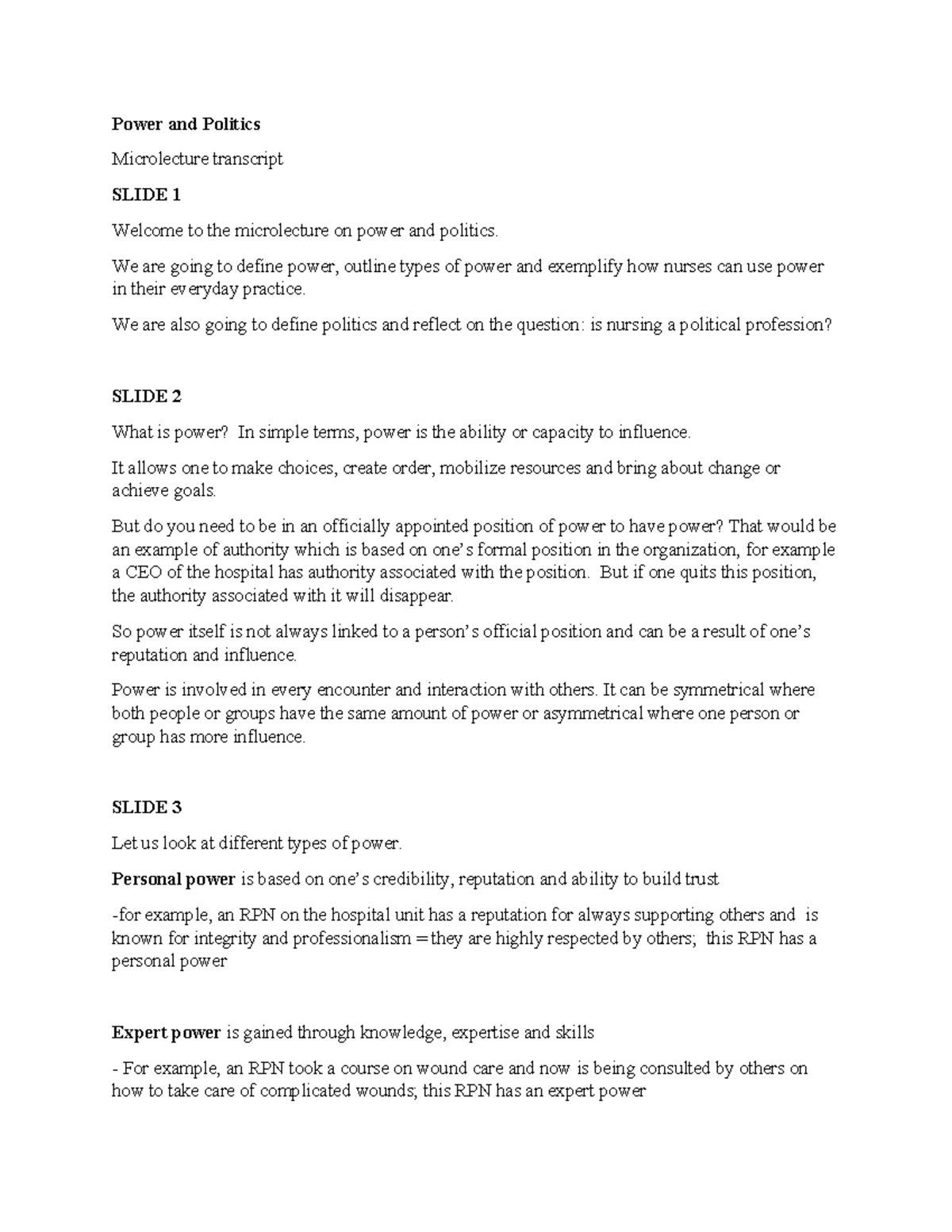 Power and Politics - Lecture transcript - Power and Politics Microlecture transcript SLIDE 1 ...