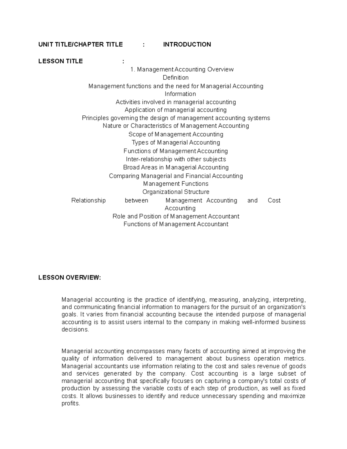 Manegerial Accounting 1 - UNIT TITLE/CHAPTER TITLE : INTRODUCTION ...