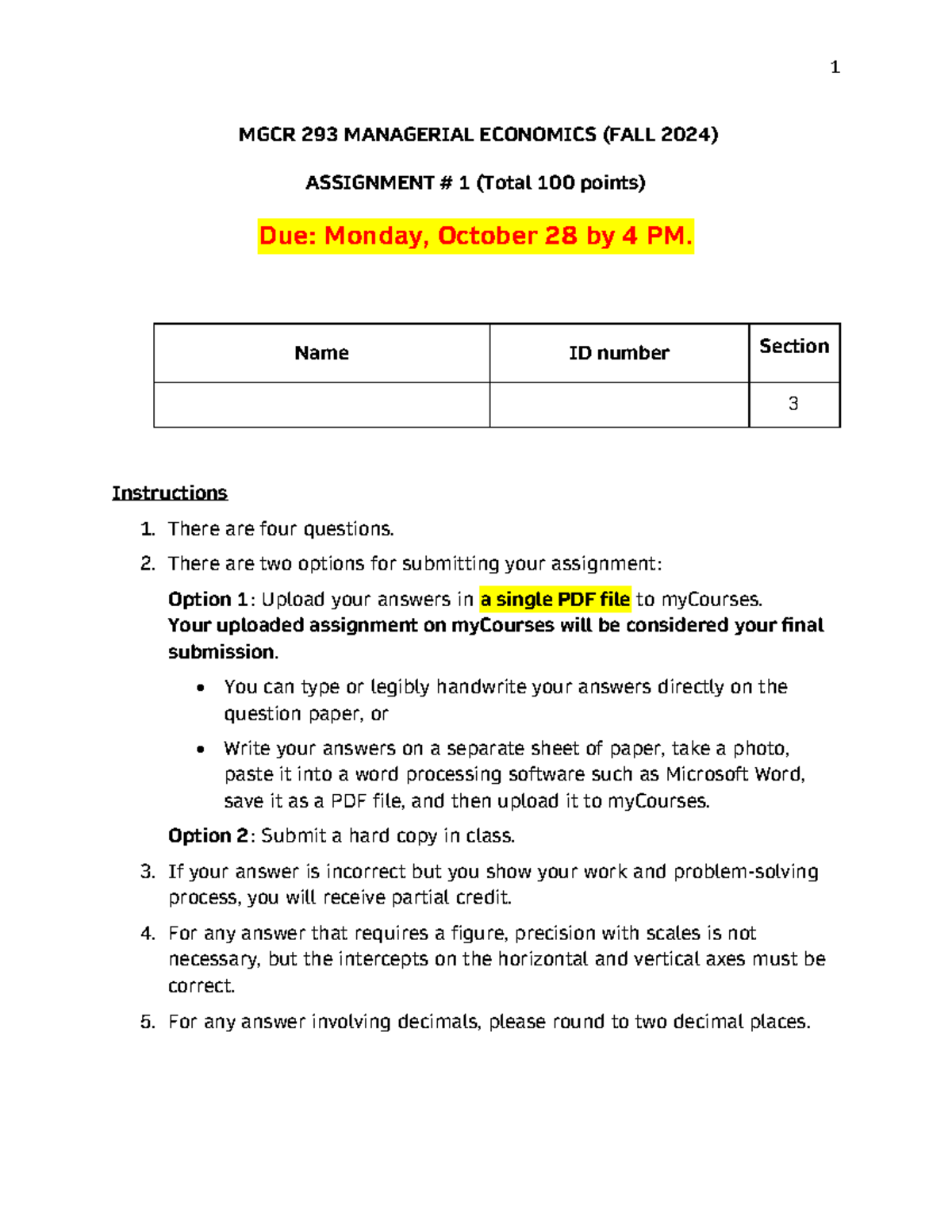 F2024MGCR293 Assignment 1-2 - MGCR 293 MANAGERIAL ECONOMICS (FALL 2024 ...