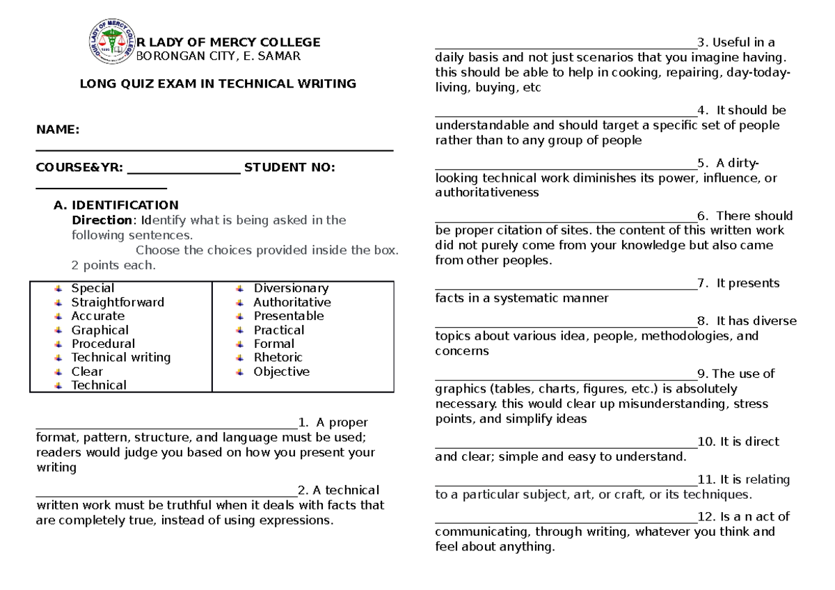 LONG QUIZ EXAM IN Technical Writting - OUR LADY OF MERCY COLLEGE ...