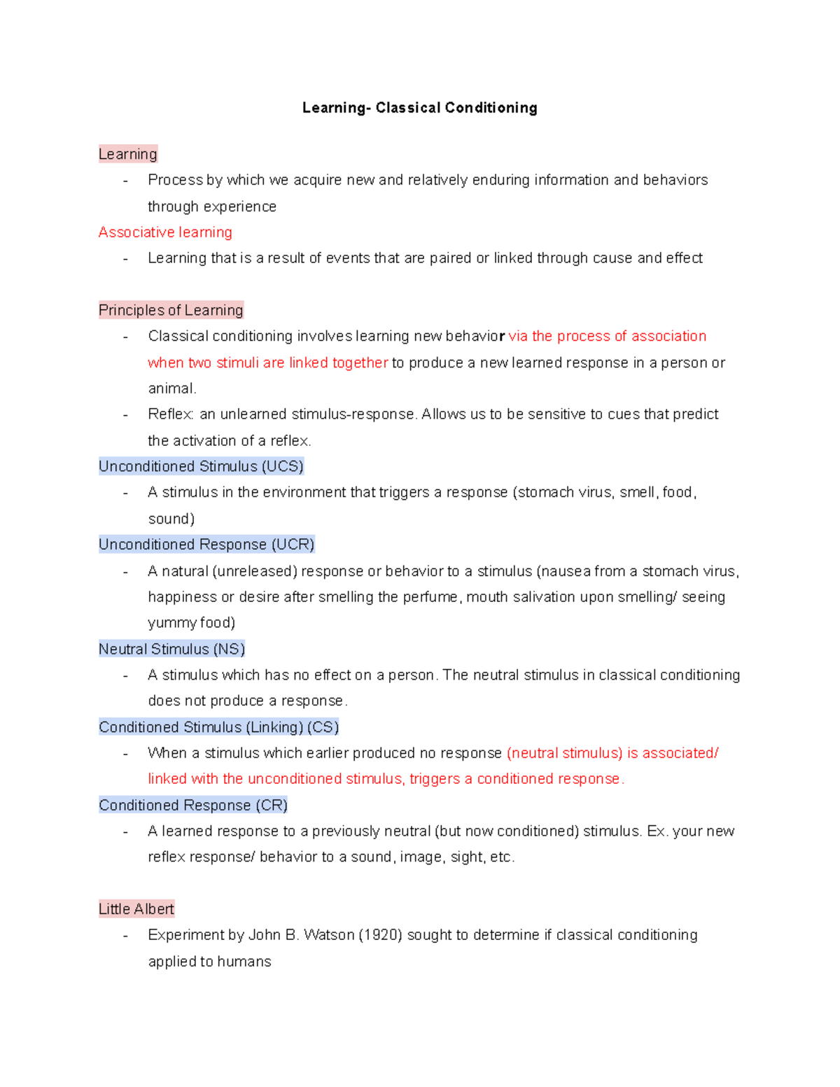 Learning- Classical Conditioning - Reflex: an unlearned stimulus ...