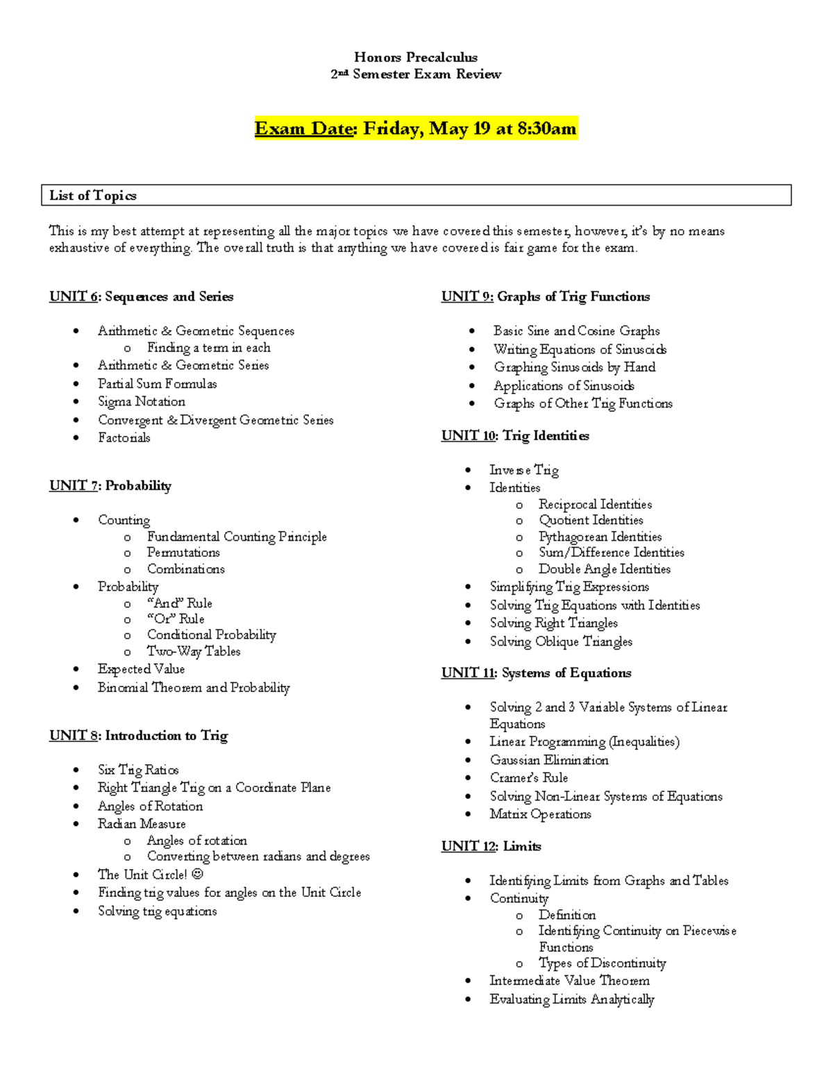 2nd Semester Exam Review 2023 - Honors Precalculus 2 nd Semester Exam ...