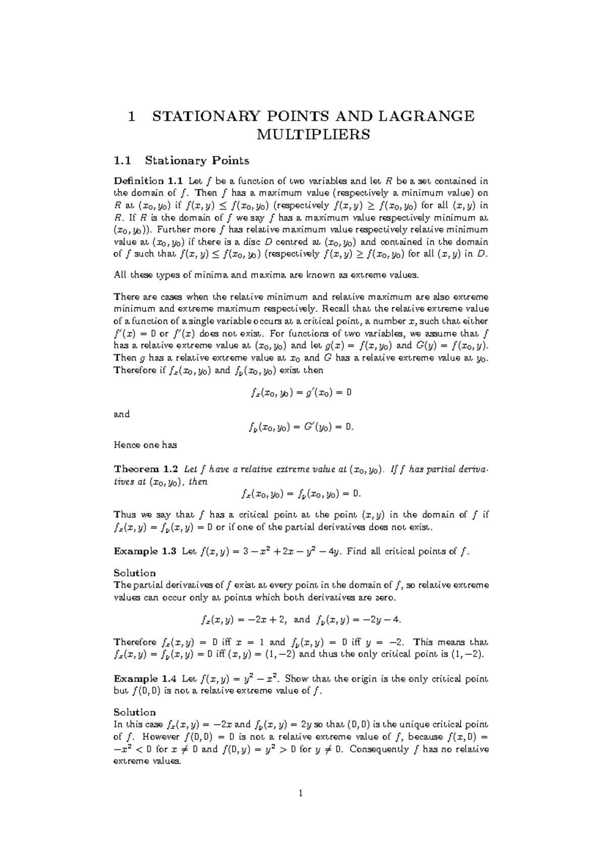 Topic 6 - notes - 1 STATIONARY POINTS AND LAGRANGE MULTIPLIERS 1 ...