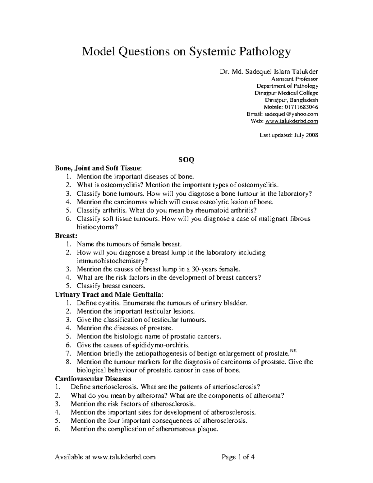 Systemic Pathology Question - Model Questions on Systemic Pathology Dr ...