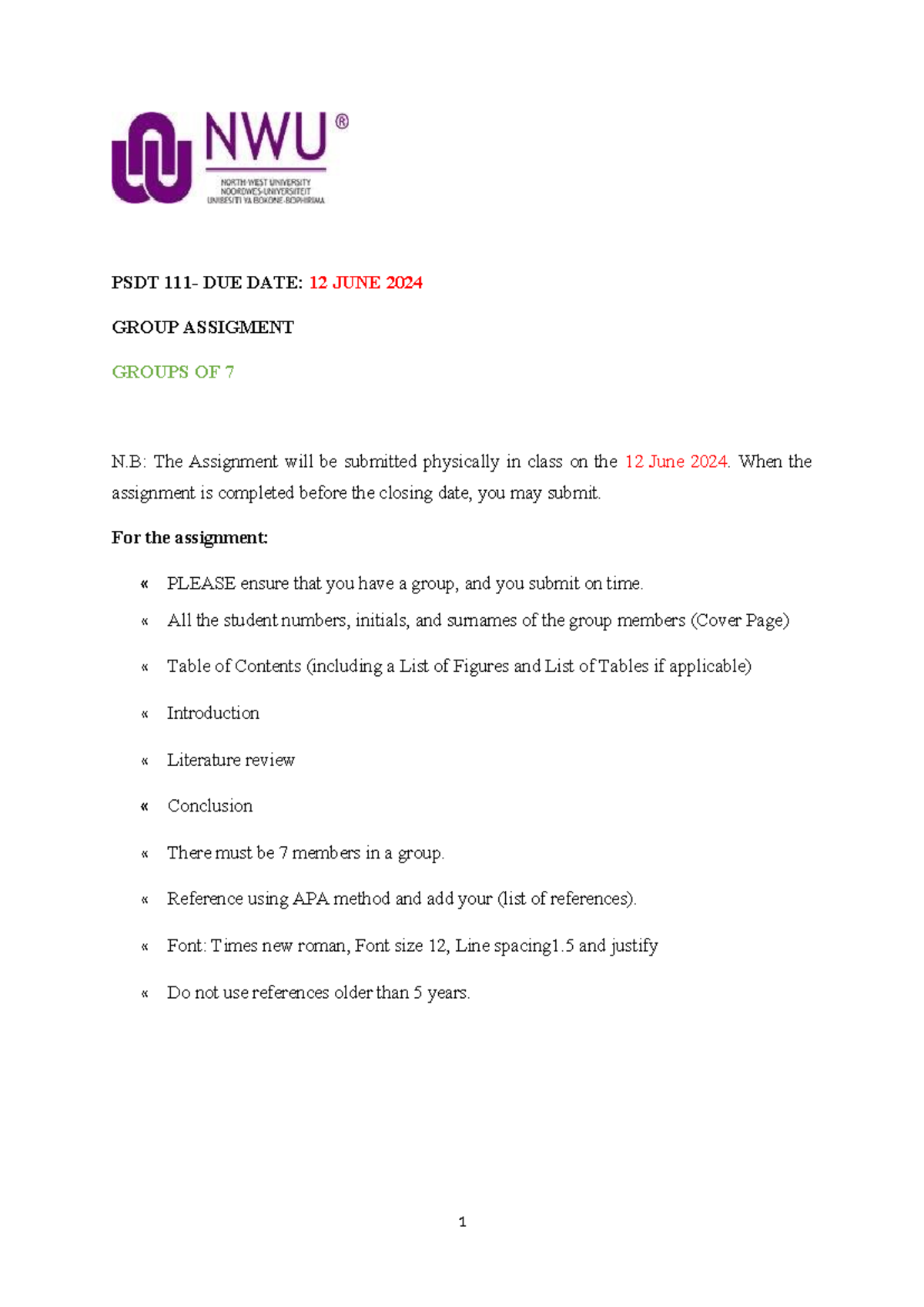 PSDT ASS 2024 - PSDT 111- DUE DATE: 12 JUNE 2024 GROUP ASSIGMENT GROUPS ...