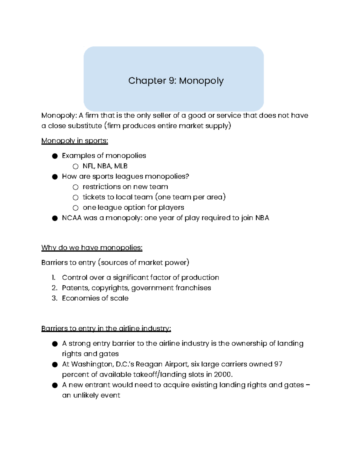 Ch 9 notes - ch 9 monopoly - Chapter 9: Monopoly Monopoly: A firm that ...
