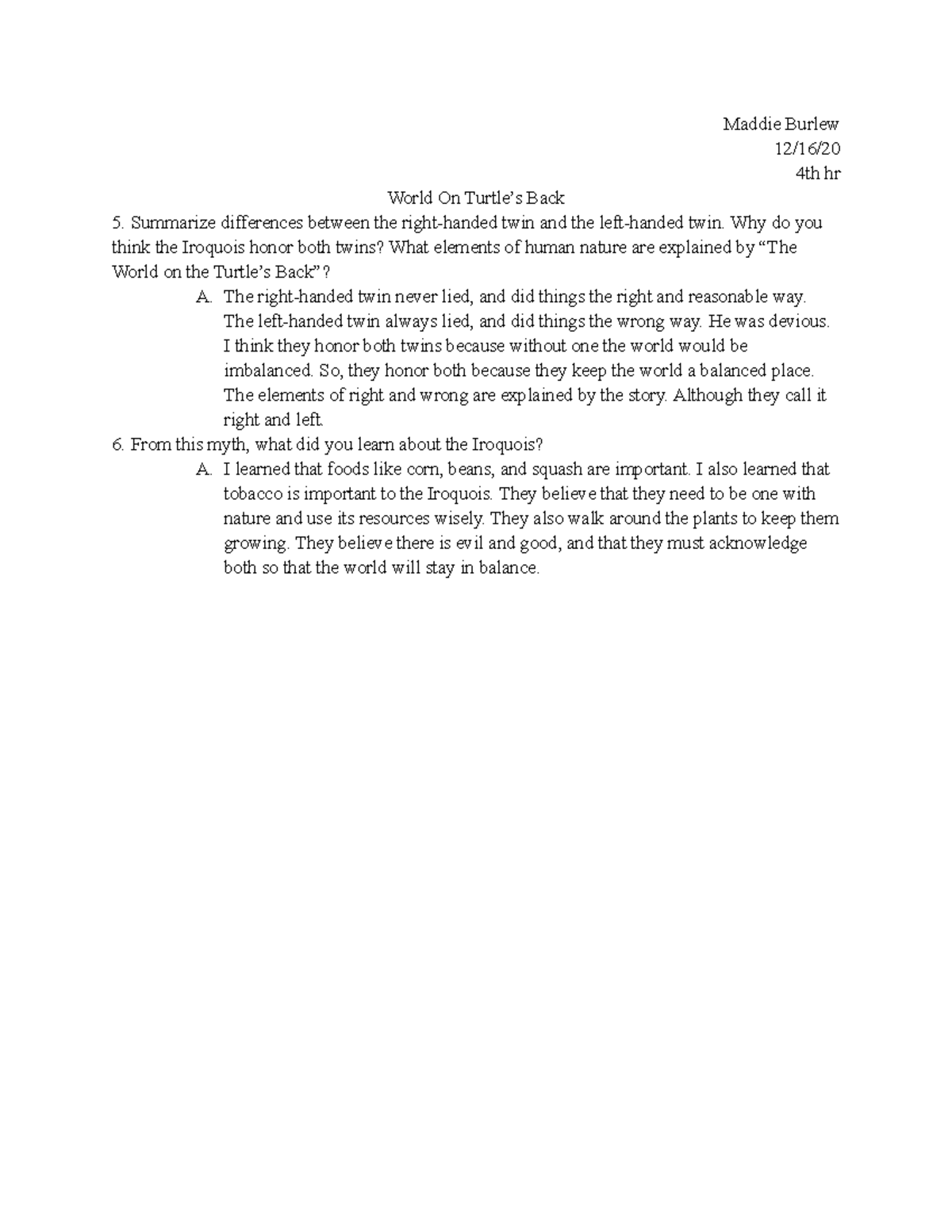 World On Turtle's Back Questions - Maddie Burlew 12/16/ 4th hr World On ...