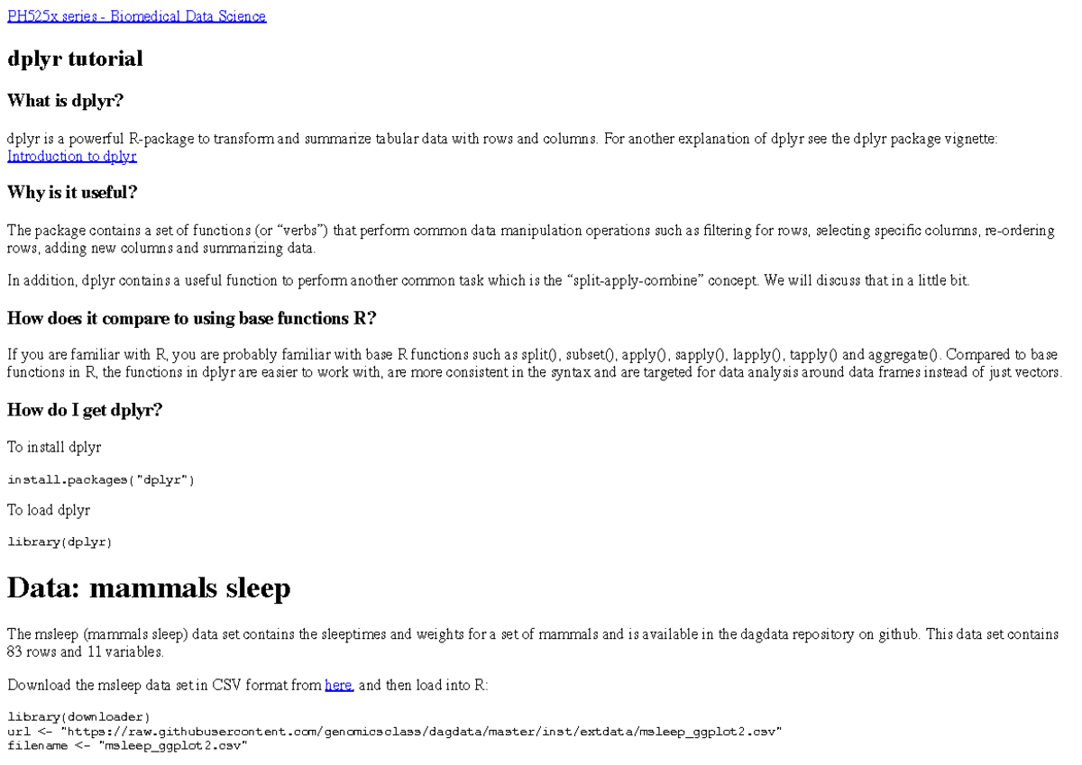 Dplyr tutorial in R programming - PH525x series - Biomedical Data ...