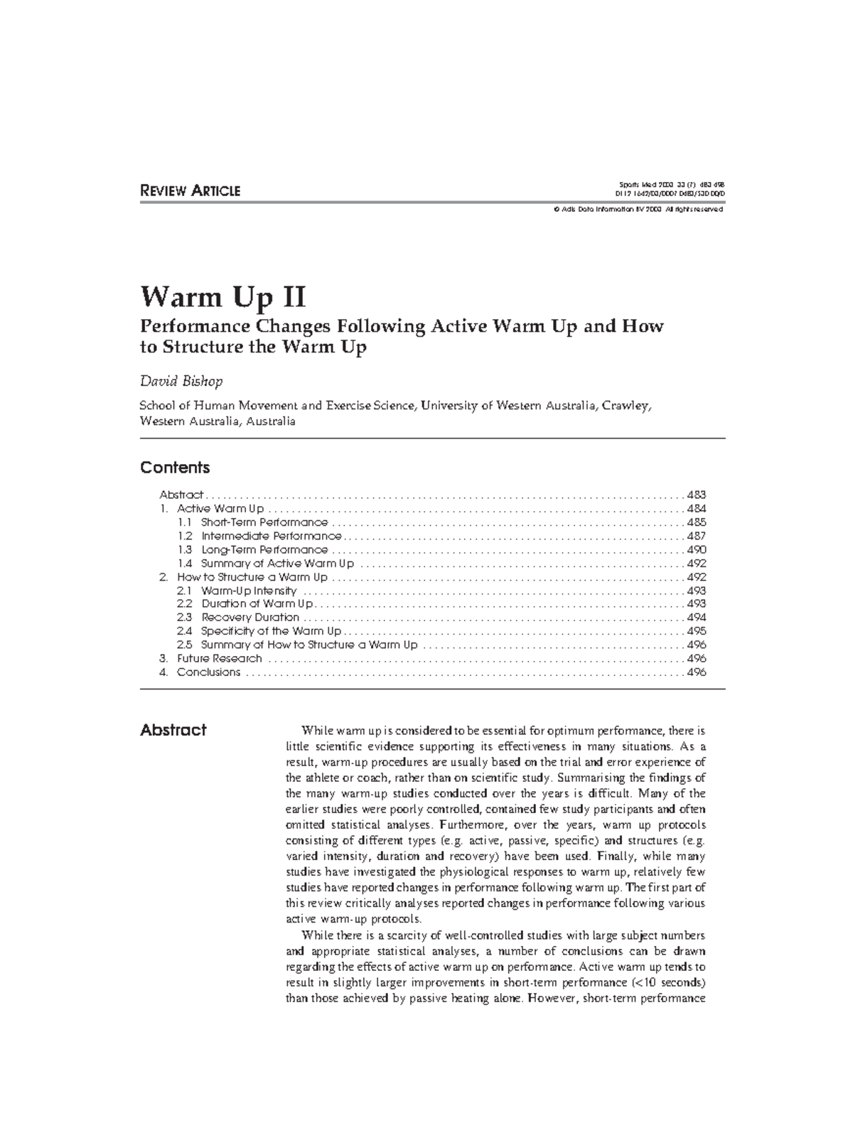 Performance Changes Following Active Warm Up and How to Structure the Warm Up - Sports Med 2003 ...