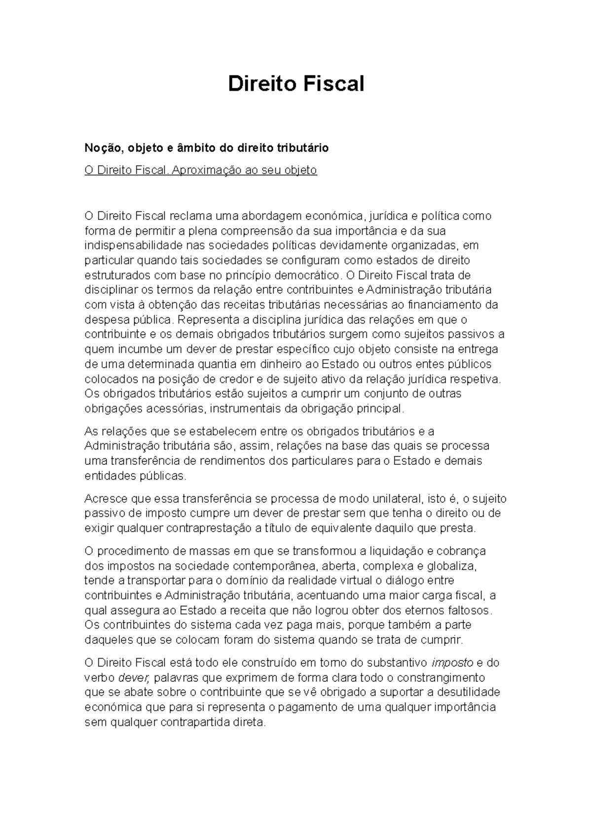 Direito Fiscal, resumos para o teste - Direito Fiscal Noção, objeto e ...