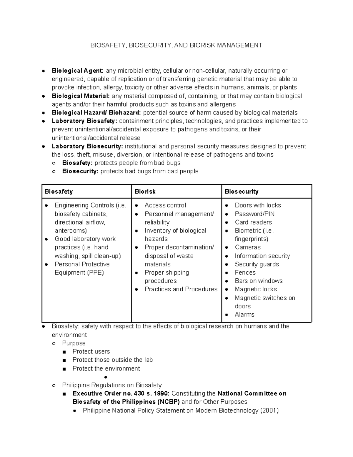 BIOSAFETY, BIOSECURITY, AND BIORISK MANAGEMENT - biosafety cabinets ...