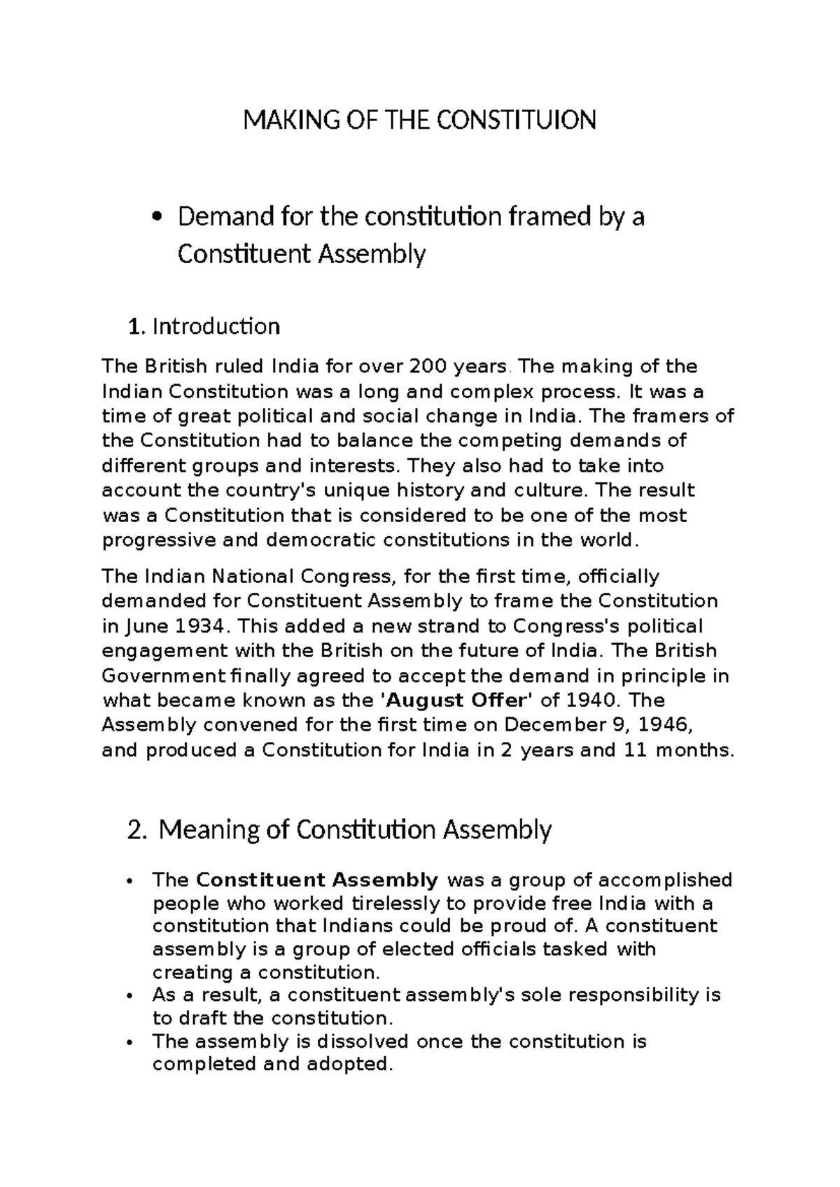 Constitution Law 1 - MAKING OF THE CONSTITUION Demand for the ...
