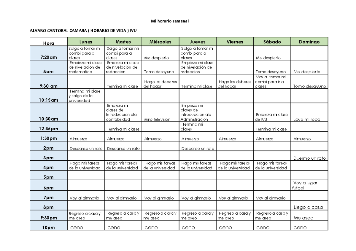 Actividad semana 5 IVU (horario de vida) - Mi horario semanal ALVARO ...