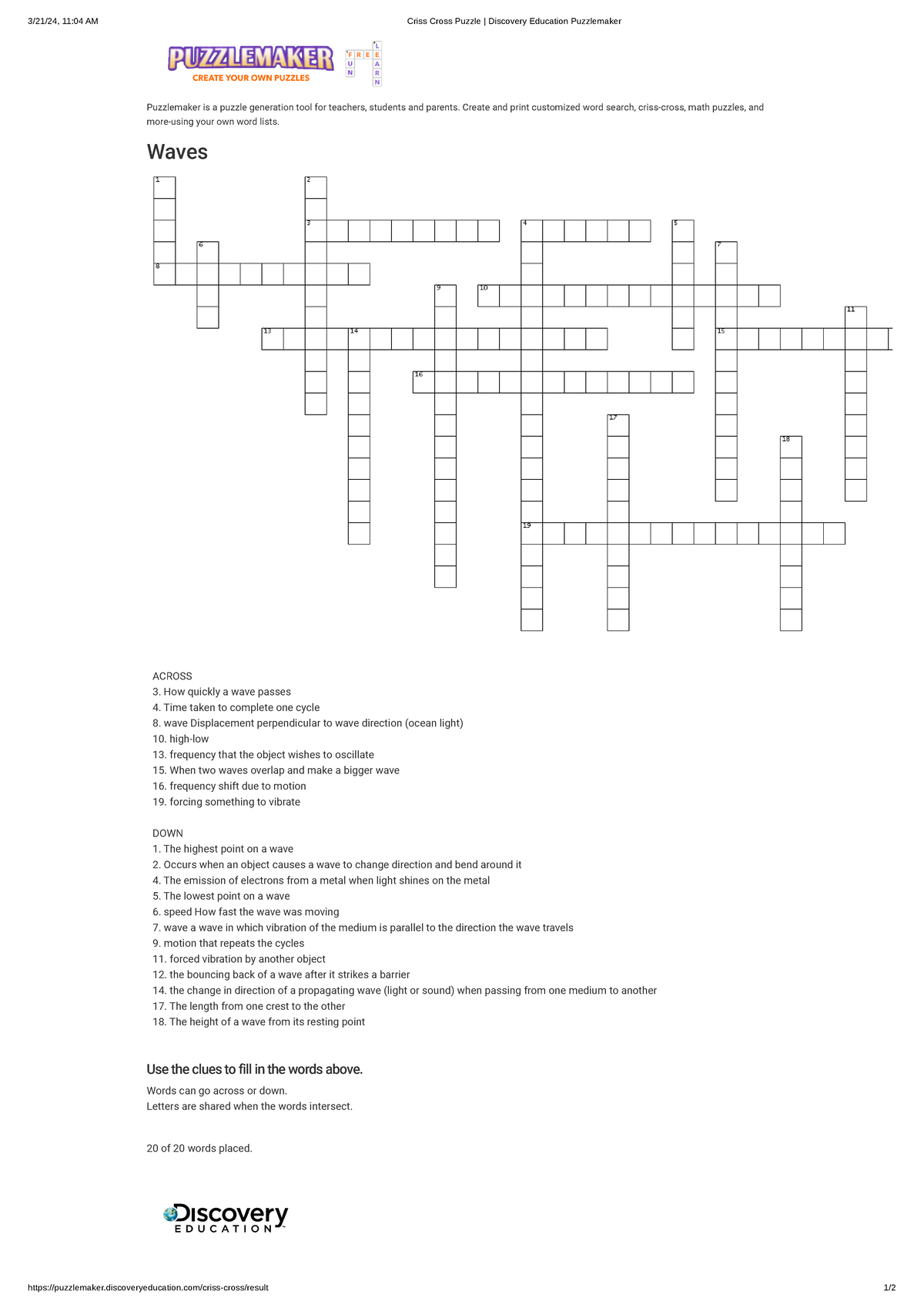 Criss Cross Puzzle Discovery Education Puzzlemaker - 3/21/24, 11:04 AM ...