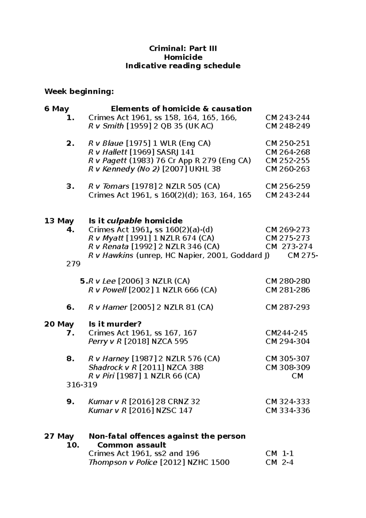 Reading schedule 2024 Final - Criminal: Part III Homicide Indicative ...