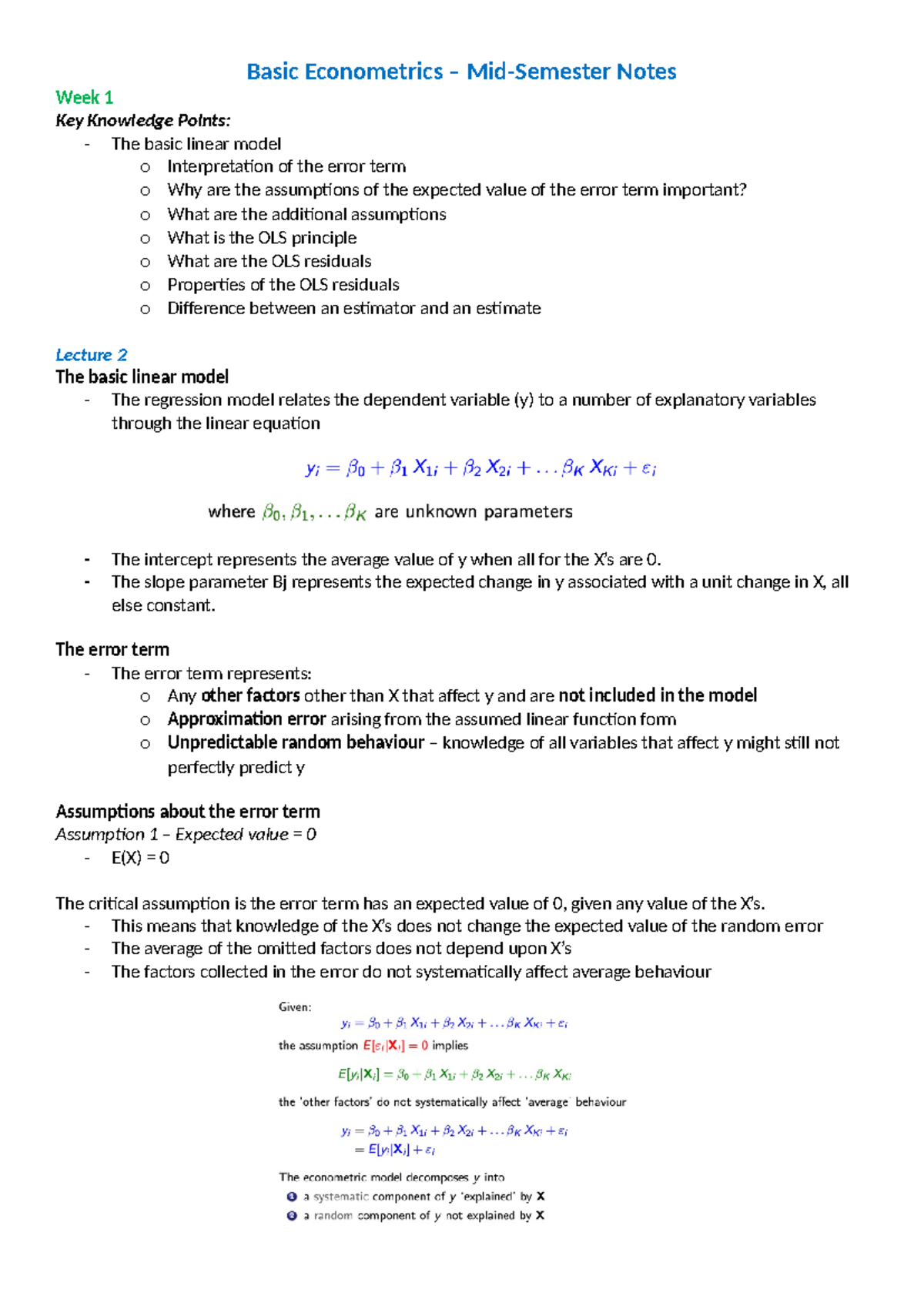 Mid Semester Notes - Basic Econometrics – Mid-Semester Notes Week 1 Key ...