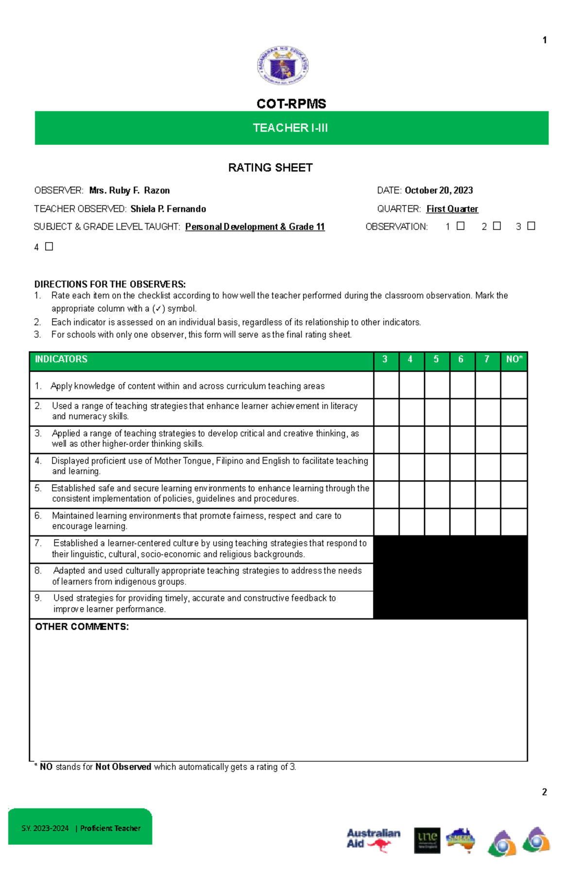 CO1 Blank copy T1 3 - 1 COT-RPMS TEACHER I-III RATING SHEET OBSERVER ...