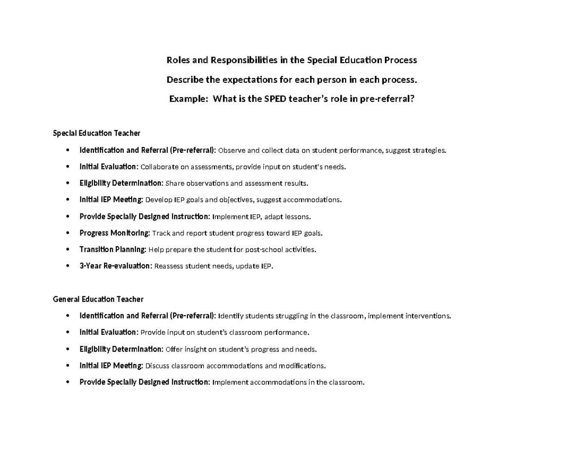 Roles and Responsibilities in the Special Education Process - Example ...