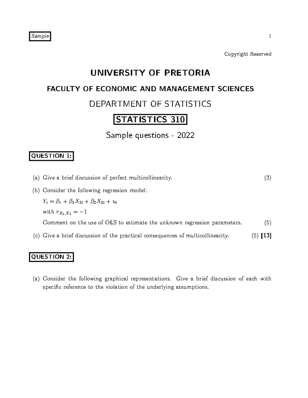 Sample questions - Copyright Reserved UNIVERSITY OF PRETORIA FACULTY OF ...