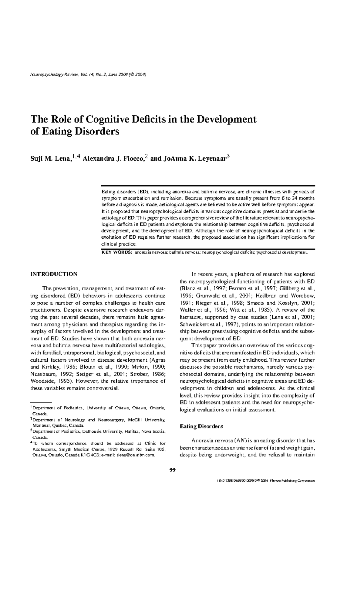 The role of cognitive deficit in eating disorder - Neuropsychology ...