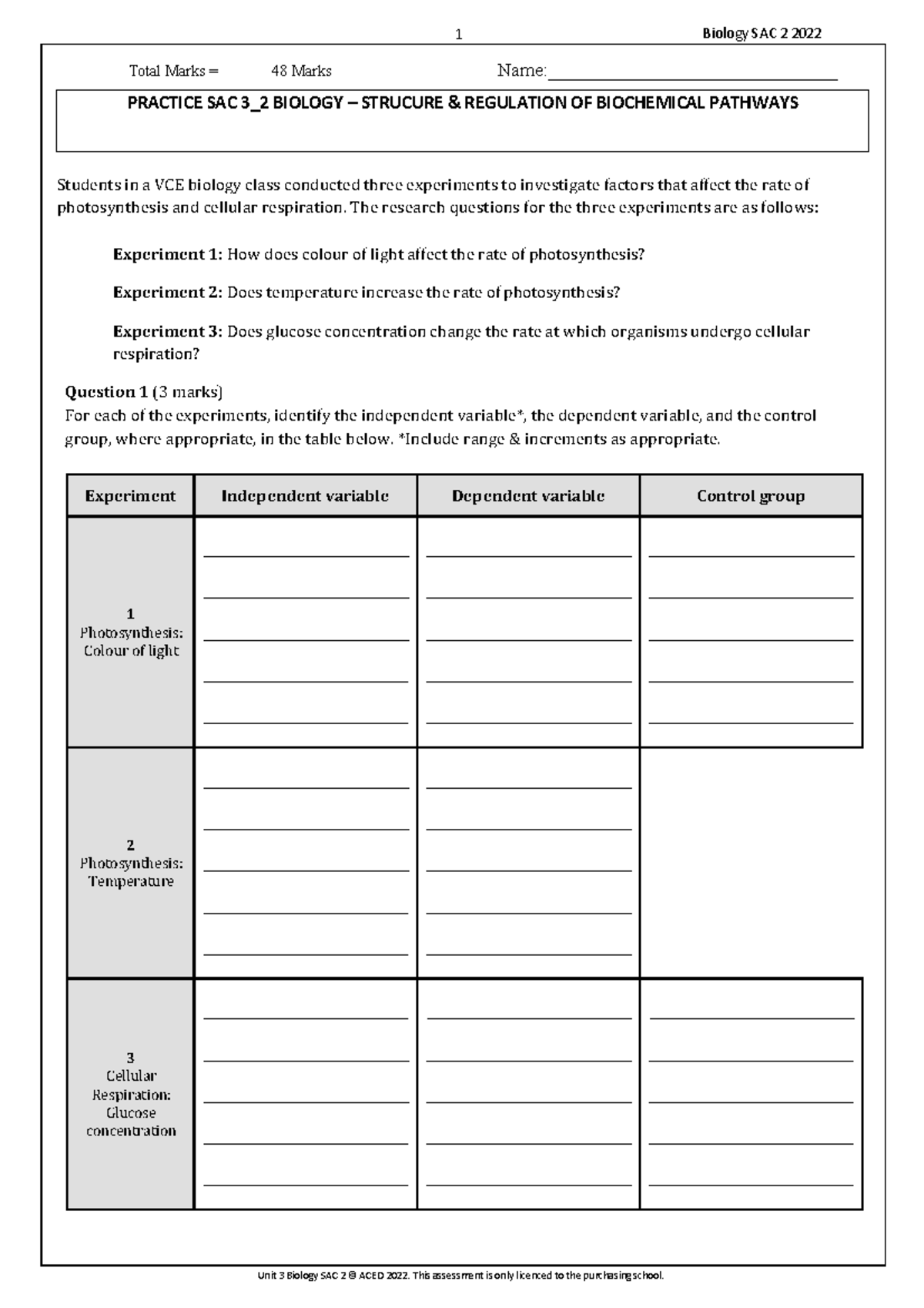 Practice SAC Unit 3 B - Total Marks = 48 Marks Name ...