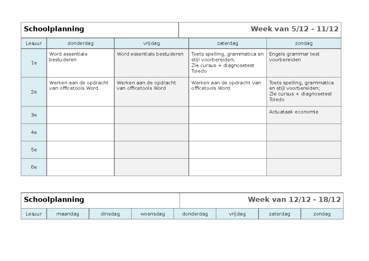 Schoolplanning - jkmkl - Schoolplanning Week van 5/12 - 11/ Lesuur ...