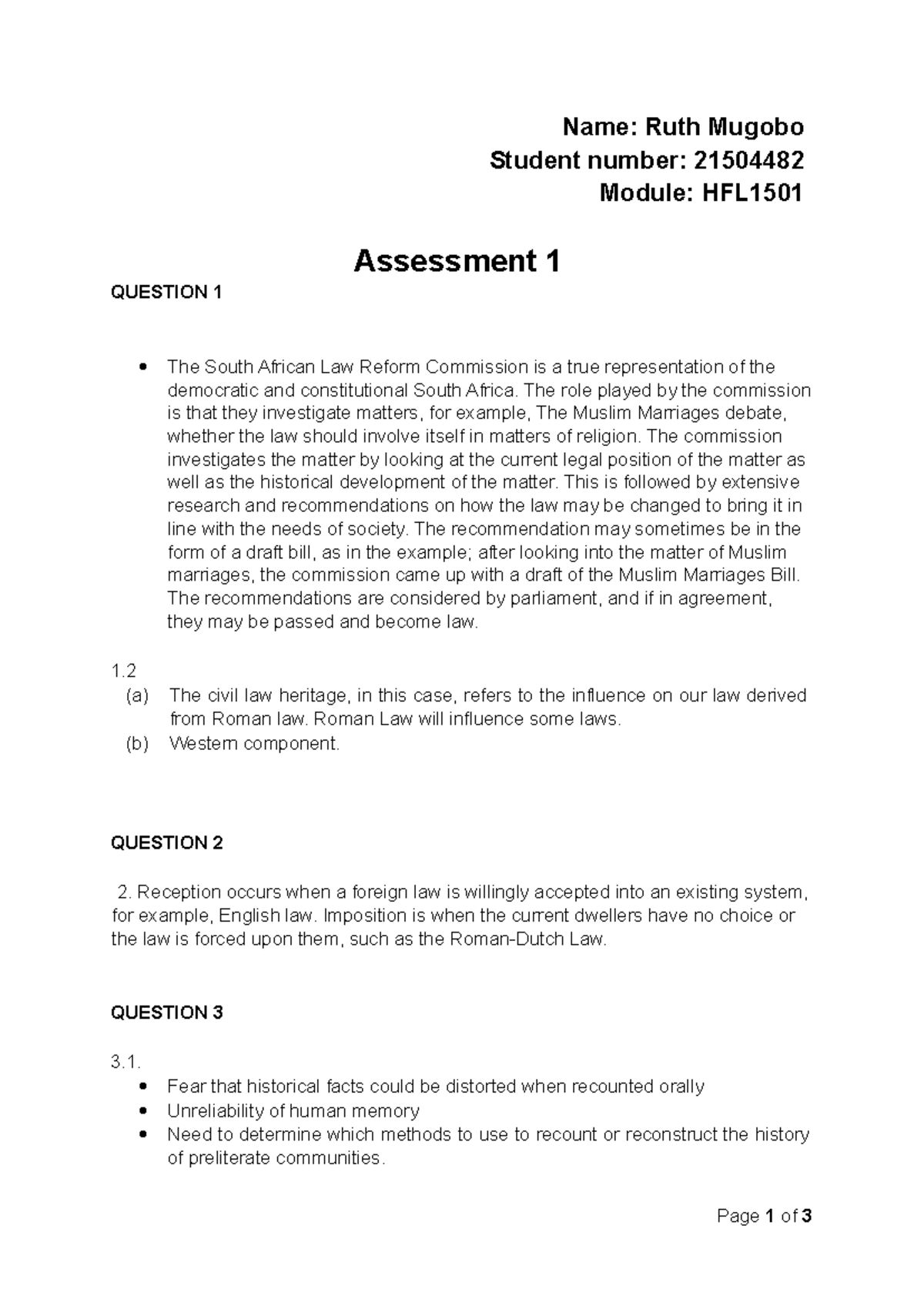 HFL1501 Assessment 1- 21504482 - Name: Ruth Mugobo Student number ...