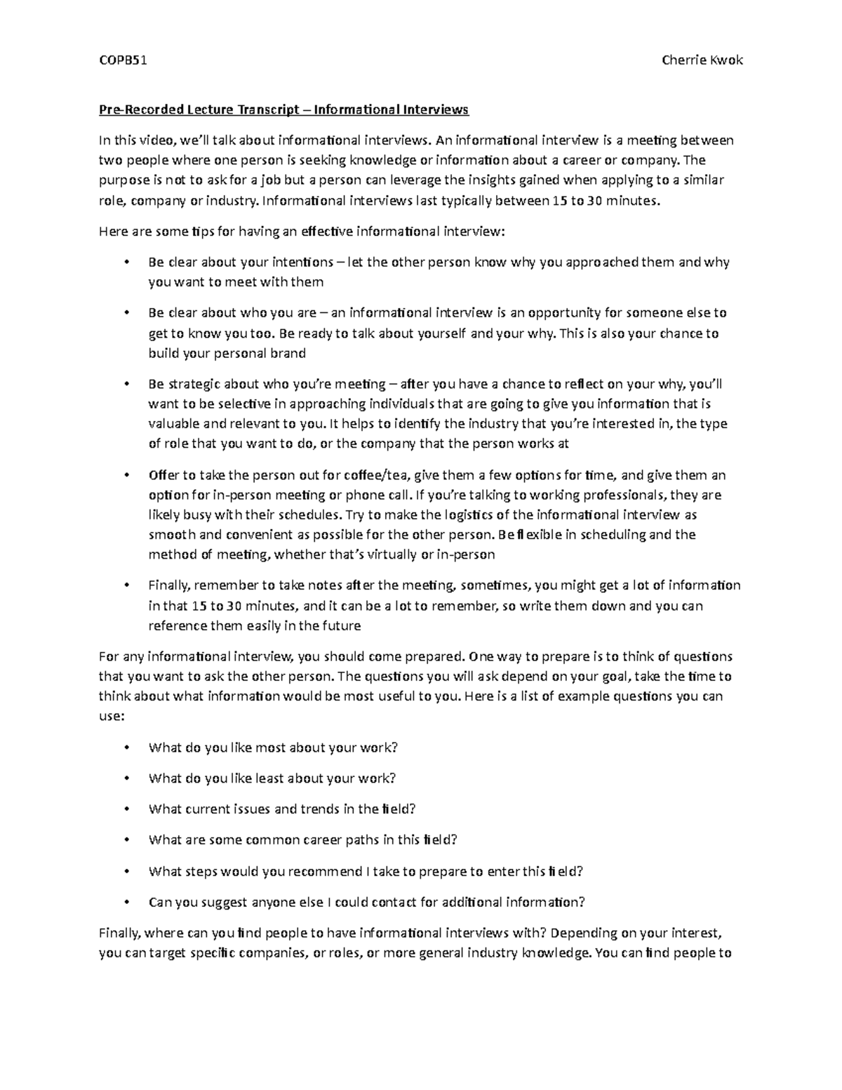 Pre-Recorded Lecture Transcript – Informational Interviews - COPB51 ...