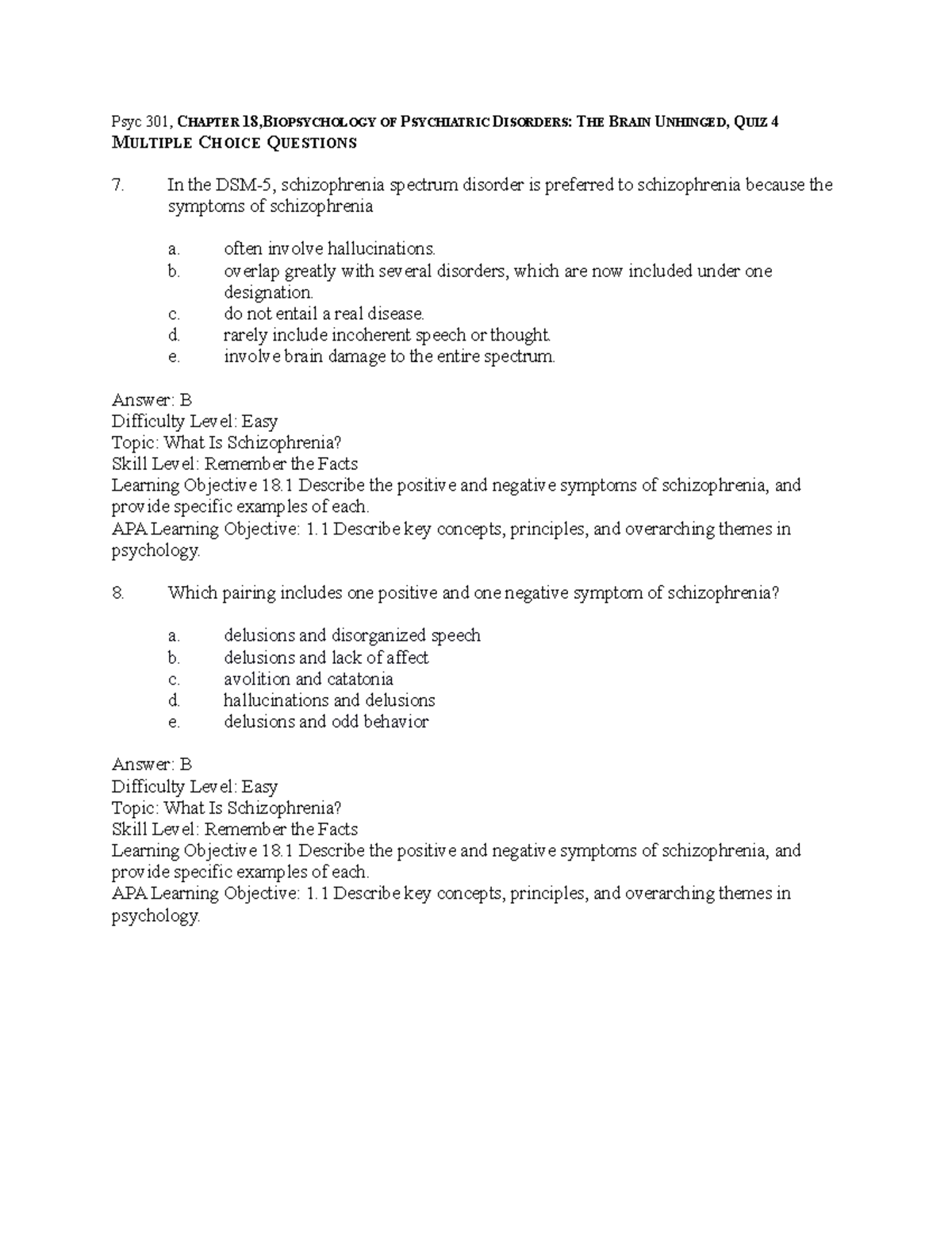 Psyc 301, Chapter 18, Biopsychology OF Psychiatric Disorders THE Brain Unhinged, QUIZ 4 - Psyc ...