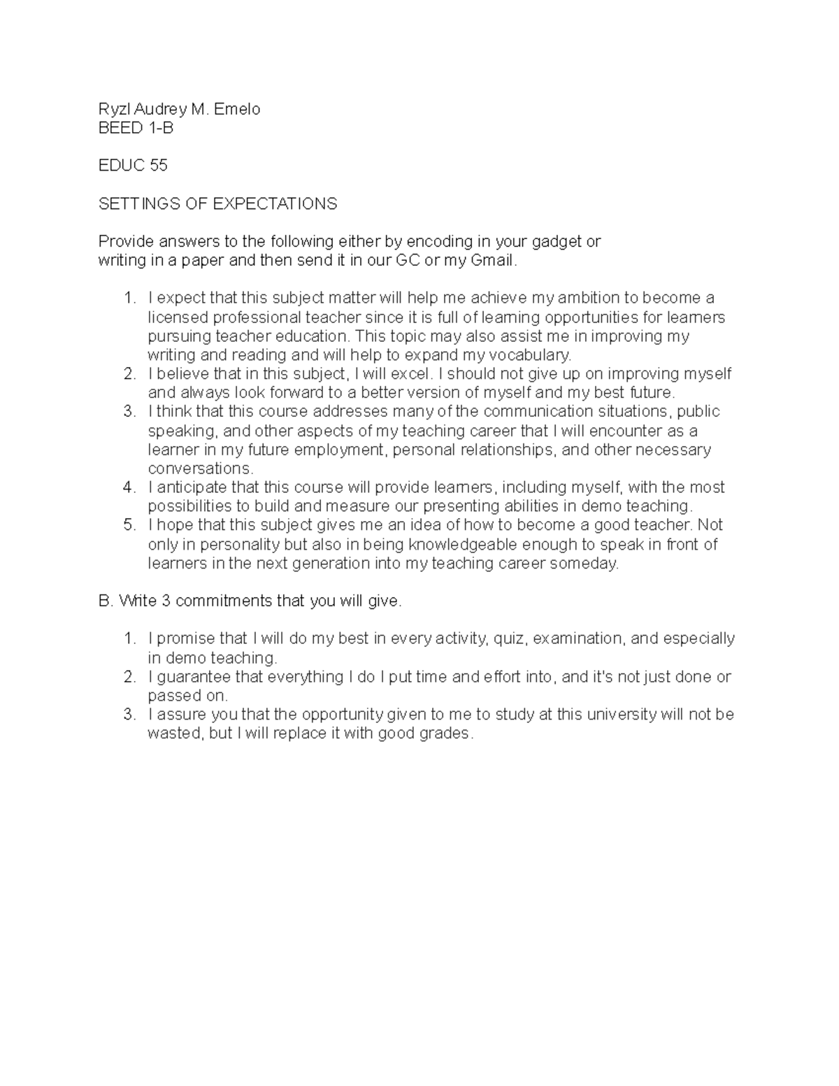 EDUC 55- Setting OF Expectations - Ryzl Audrey M. Emelo BEED 1-B EDUC ...