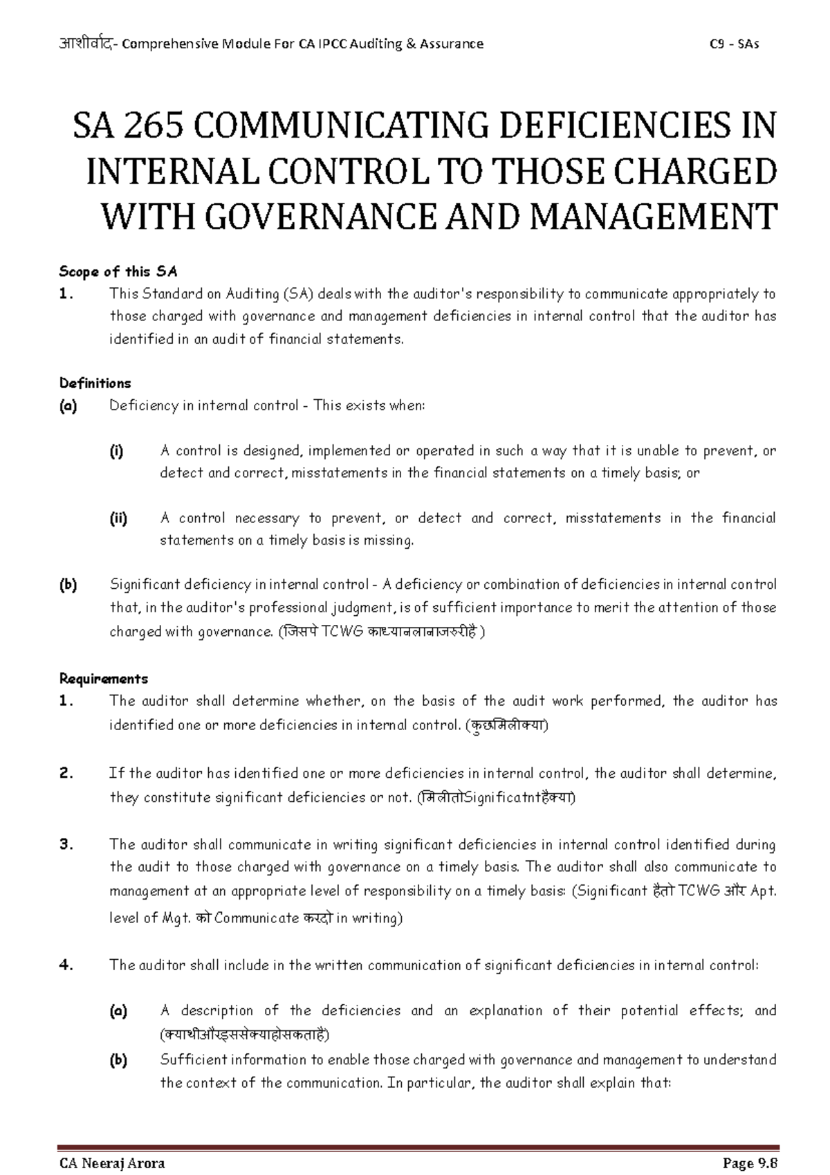 SA 265 reporting deficiencies in the internal control - आशीवायद ...