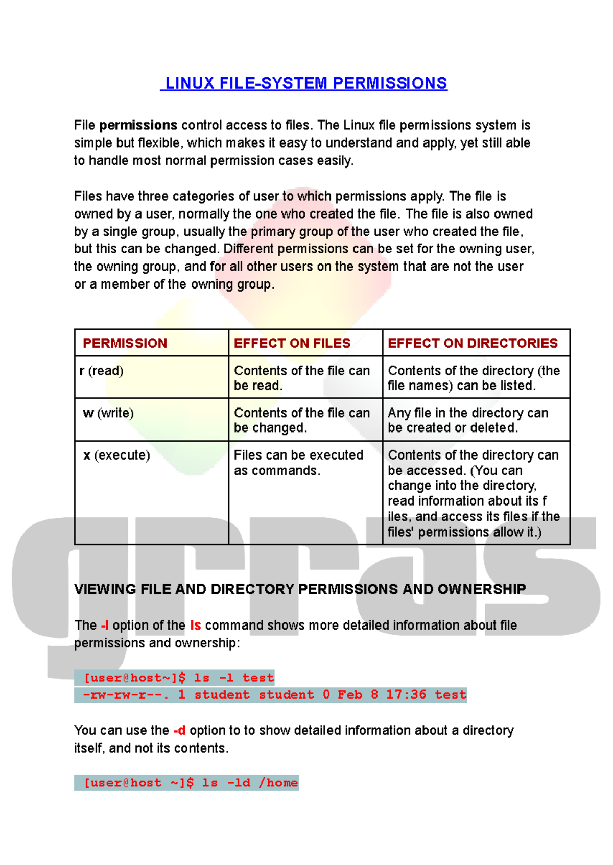 Linux FILE- System Permissions - LINUX FILE-SYSTEM PERMISSIONS File permissions control access ...