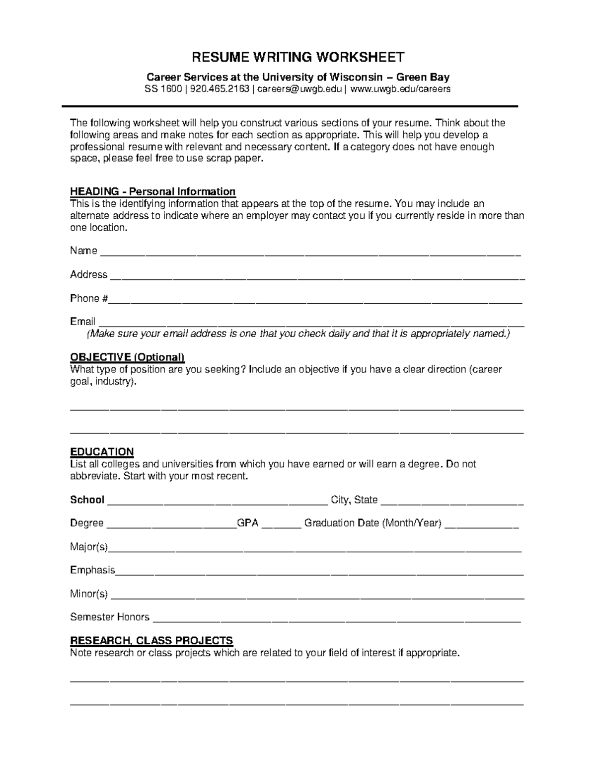 Resume-Worksheet activity based discussion - RESUME WRITING WORKSHEET ...