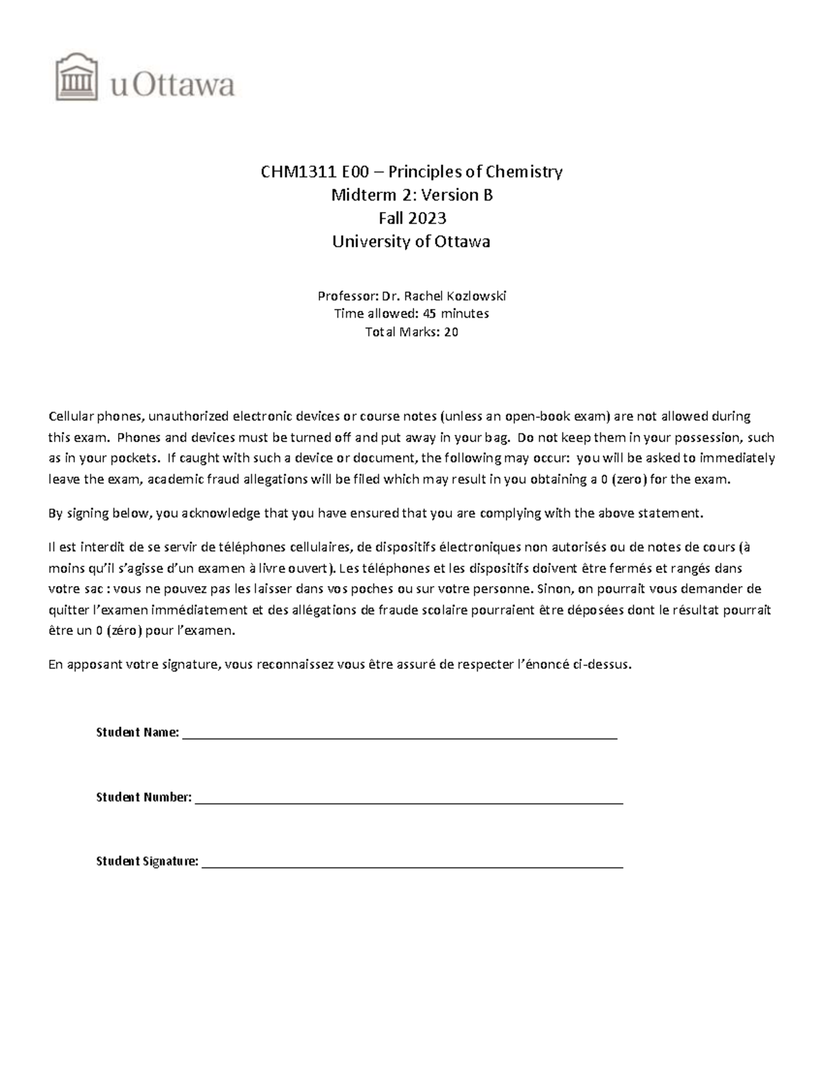 CHM 1311E Midterm 2023 - CHM1311 E 00 – Principles of Chemistry Midterm 2 : Version B Fall 2023 ...