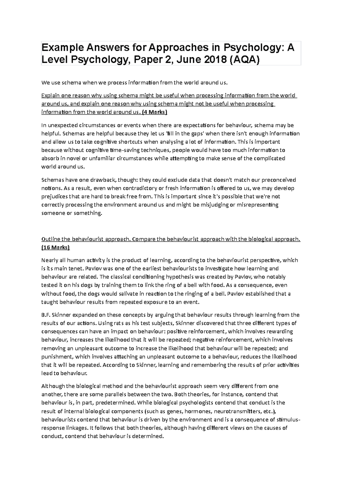 Example Answers for Approaches in Psychology- A Level Psychology, Paper ...